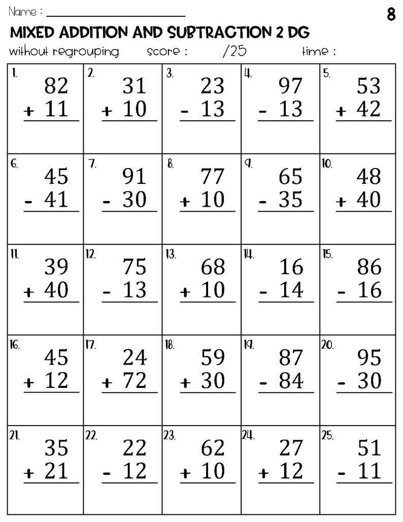 Two Digit Mixed Addition And Subtraction Without Regrouping Etsy