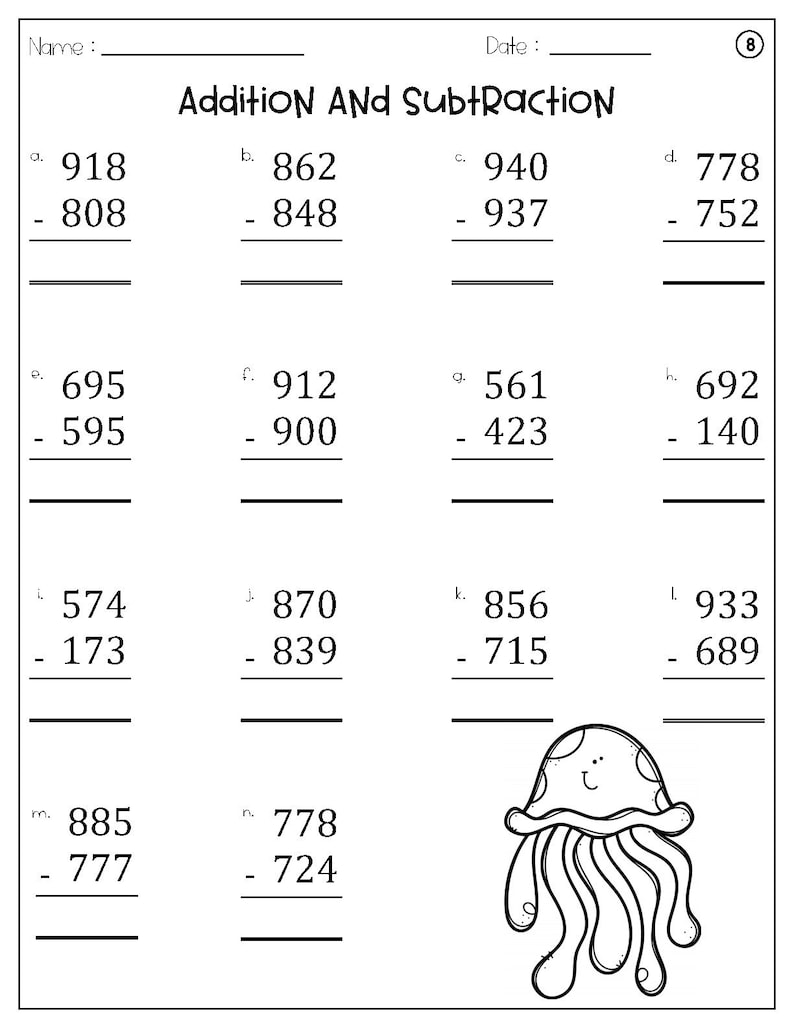 3 Digit Addition and Subtraction Worksheets - SET3 Ocean Theme Math ...