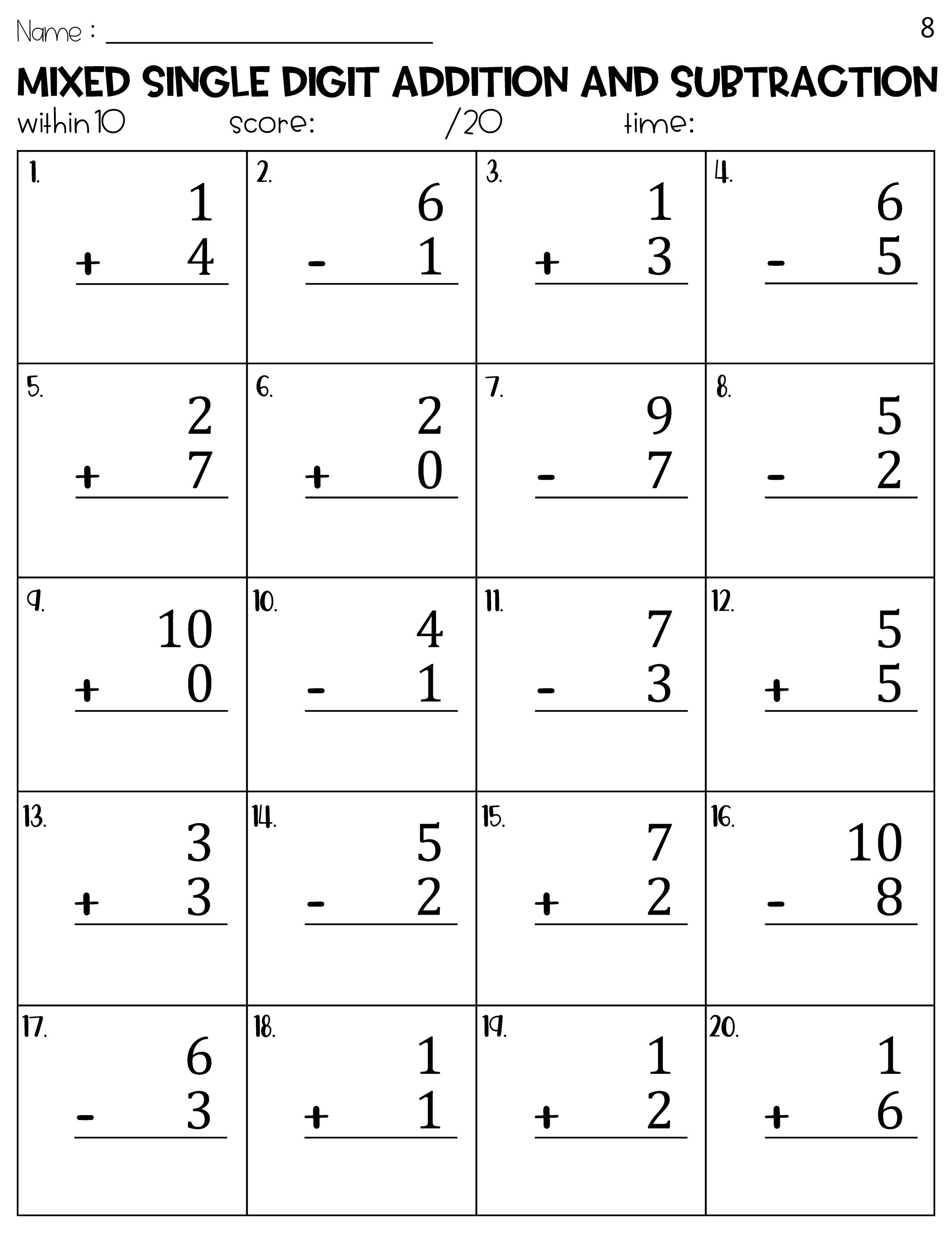 Mixed Single Digit Addition and Subtraction Within 10 Worksheets - Etsy