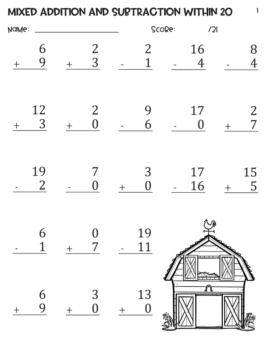 Farm Theme Mixed Addition and Subtraction Within 20 Worksheets - Etsy