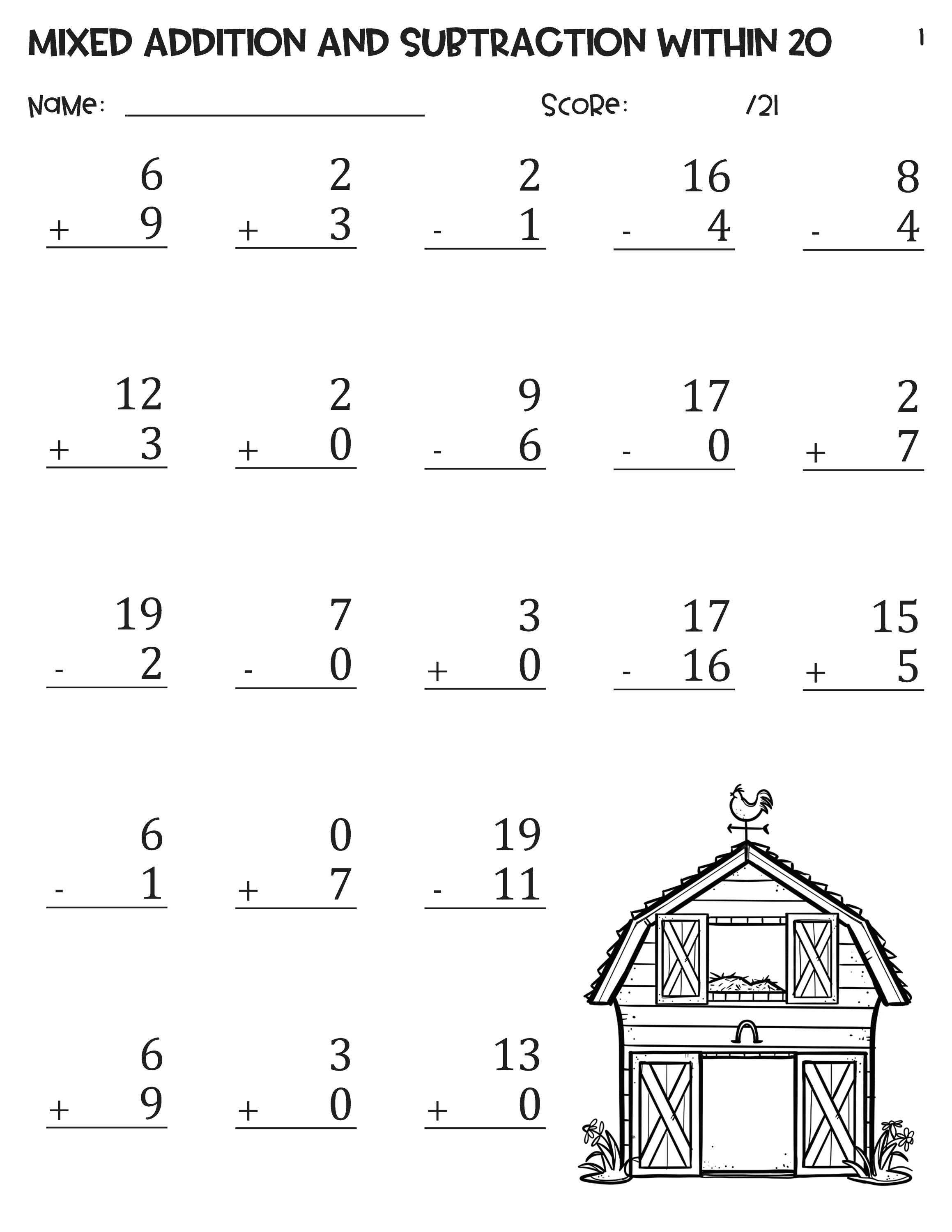 Farm Theme Mixed Addition and Subtraction Within 20 Worksheets - Etsy