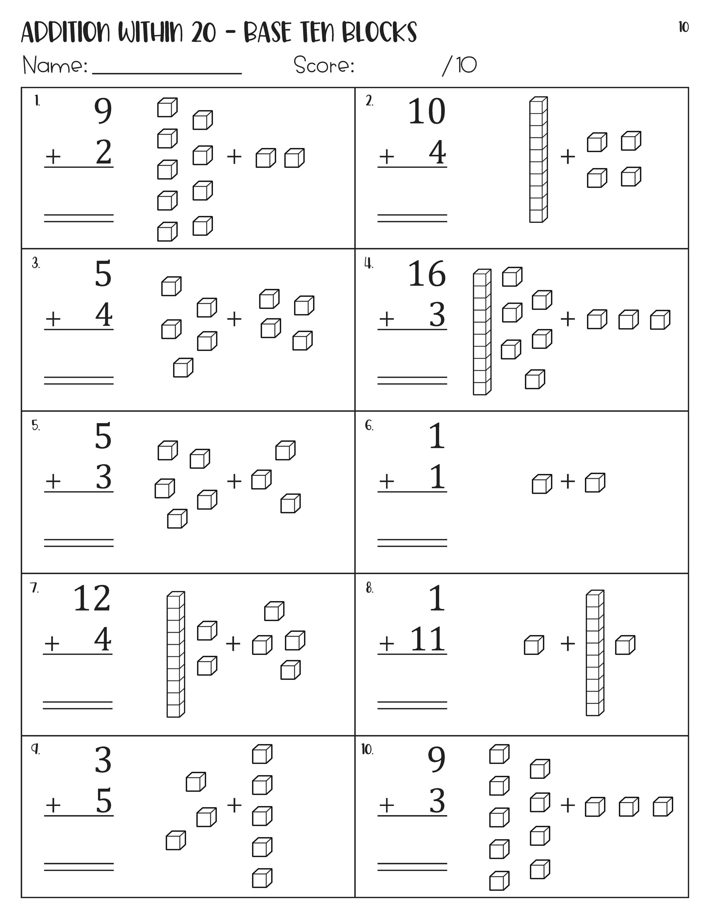 Addition Within 20 With Pictures Base Ten Blocks Worksheets - Etsy
