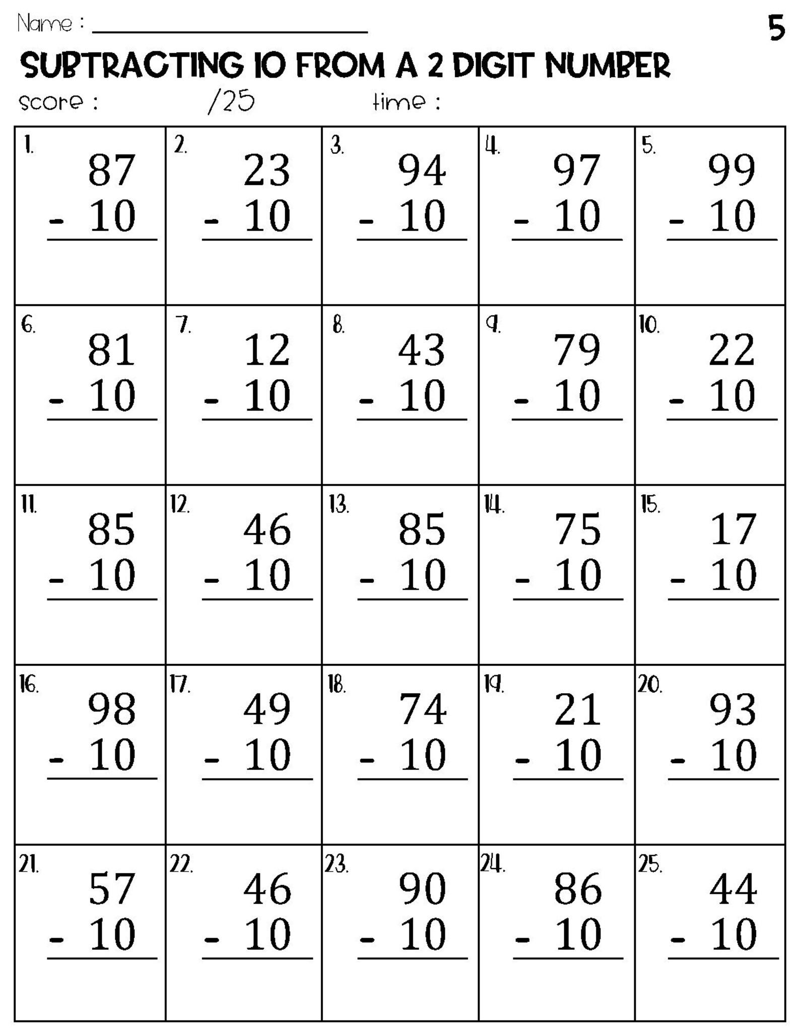 Subtracting 10 From a 2 Digit Number Worksheets - Etsy
