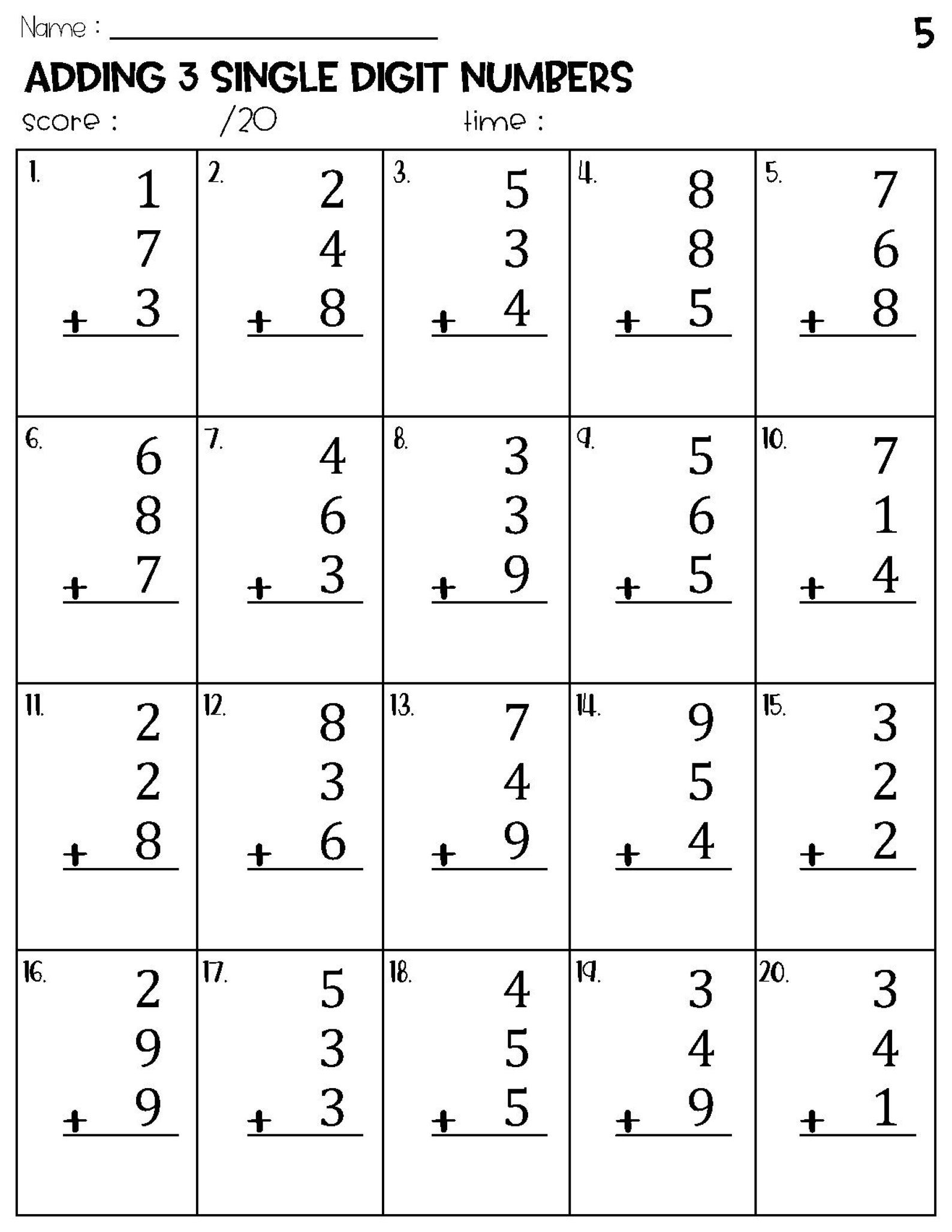 Adding 3 Single Digit Numbers Worksheets - Math Timed Test Addition - Etsy