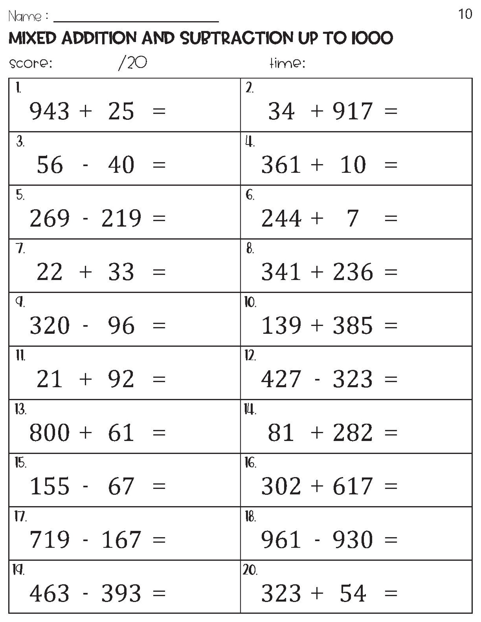 Horizontal Mixed Addition and Subtraction to 1000 Worksheets - Etsy