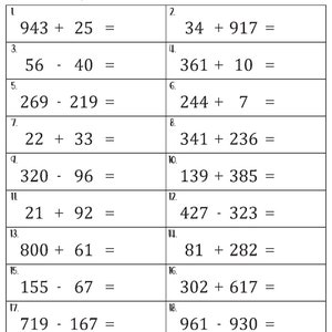 Horizontal Mixed Addition and Subtraction to 1000 Worksheets - Etsy