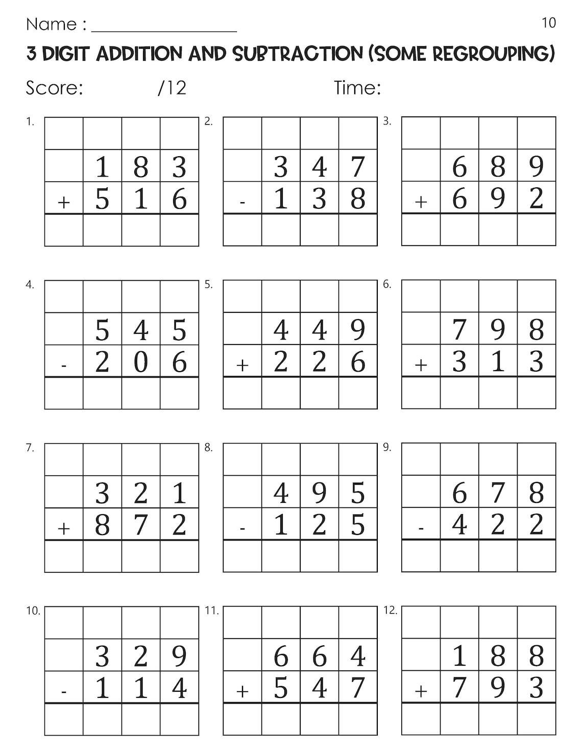 Three Digit Mixed Addition and Subtraction Some Regrouping With Grid ...