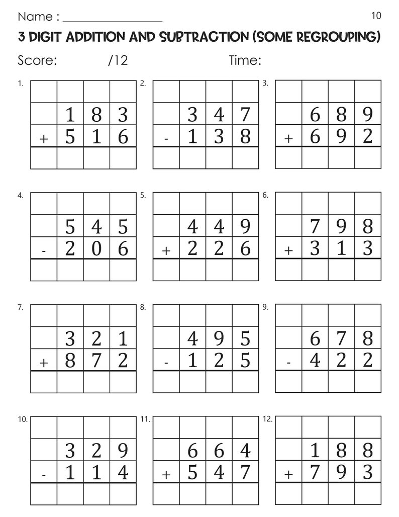 Three Digit Mixed Addition and Subtraction Some Regrouping With Grid ...