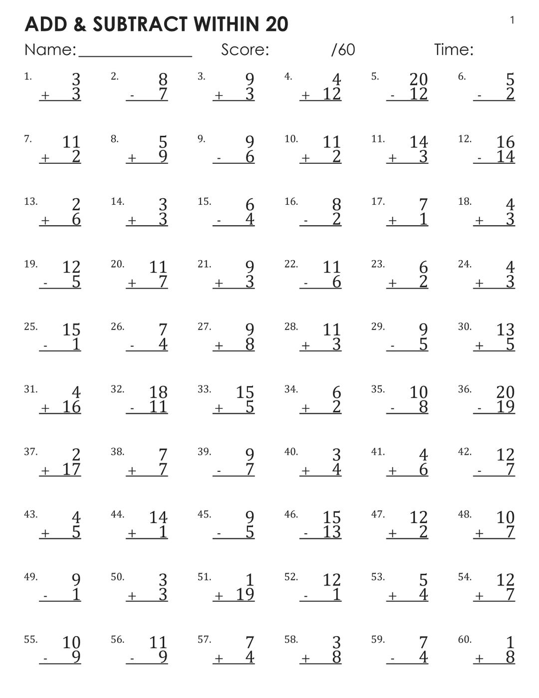 Math Timed Tests Mixed Addition and Subtraction Within 20 Some ...