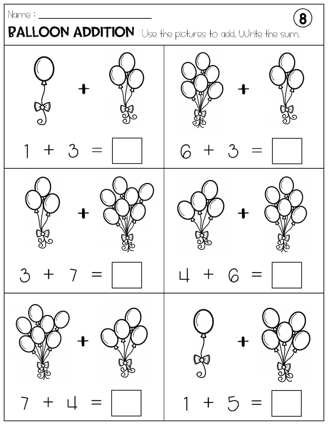 Addition With Pictures Sum up to 20 Worksheets - Adding Balloon ...