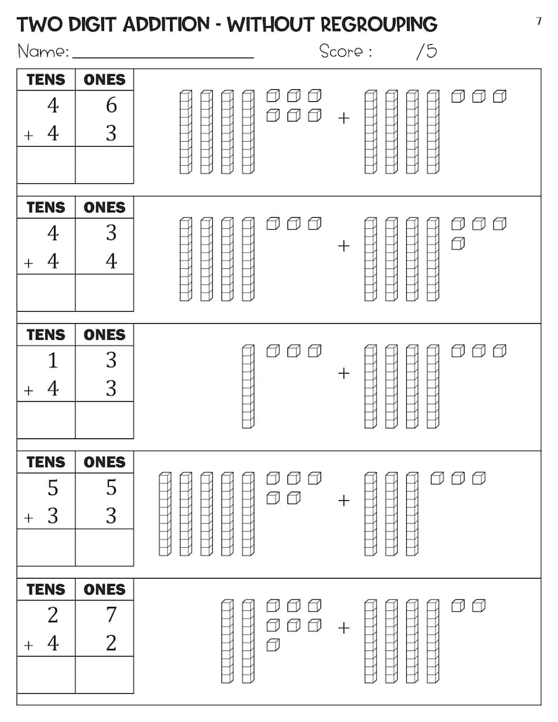 2 Digit Addition Without Regrouping With Base Ten Blocks Worksheets - Etsy