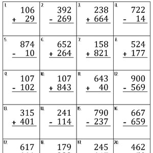 Mixed Addition and Subtraction Within 1000 Worksheets - Etsy