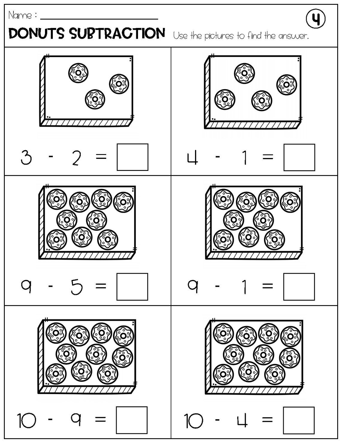 Subtraction With Pictures Within 10 Worksheets - Subtracting Donuts ...