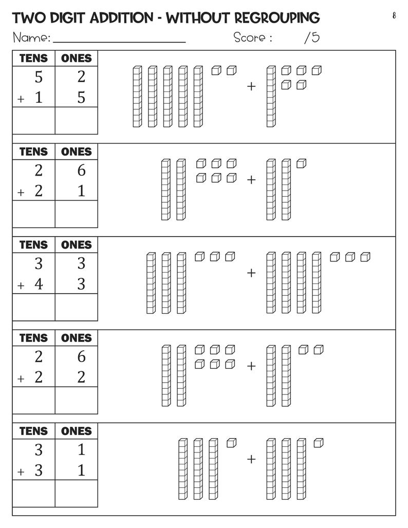 2 Digit Addition Without Regrouping With Base Ten Blocks Worksheets - Etsy