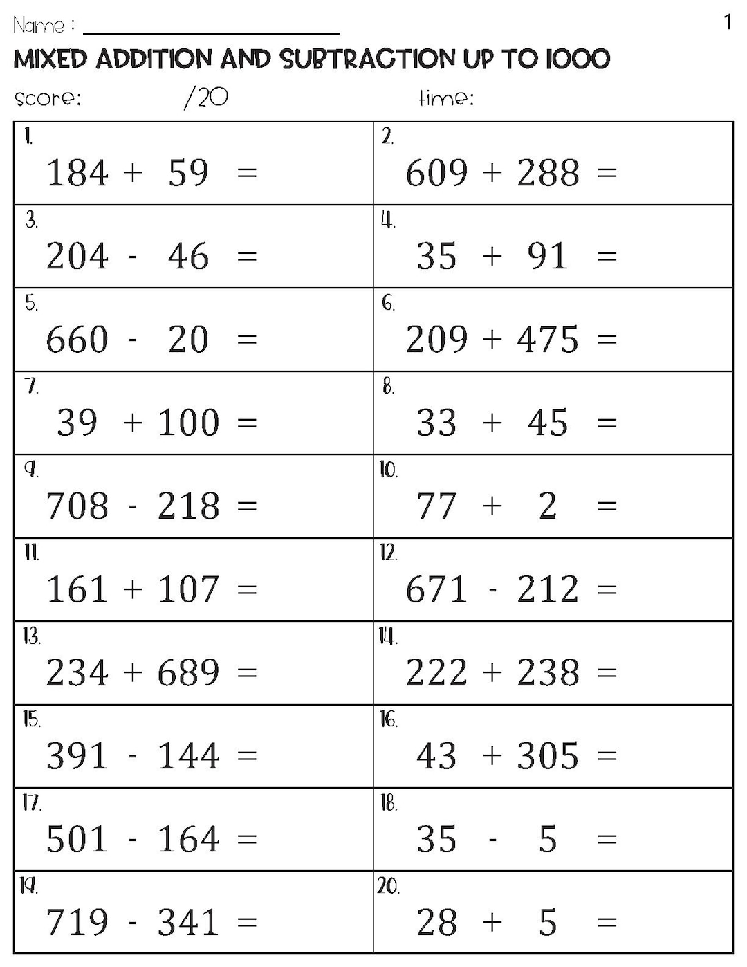 Horizontal Mixed Addition and Subtraction to 1000 Worksheets - Etsy