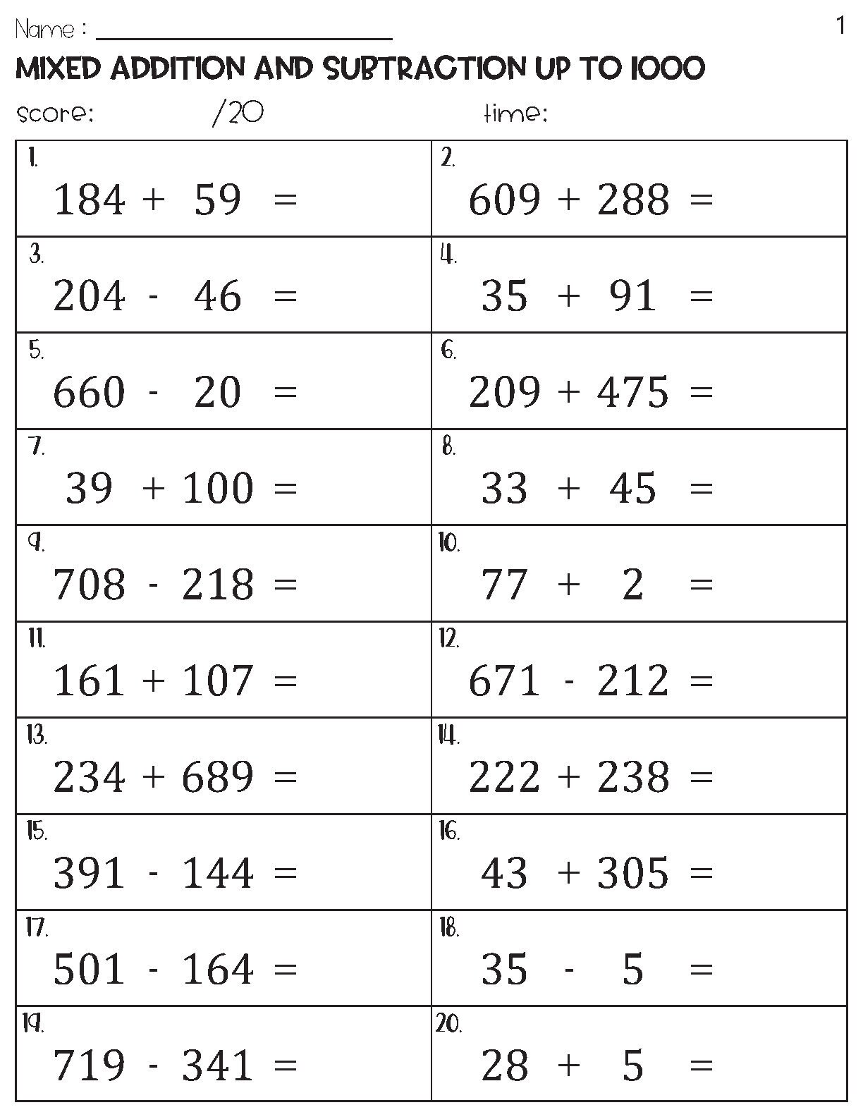Horizontal Mixed Addition and Subtraction to 1000 Worksheets - Etsy