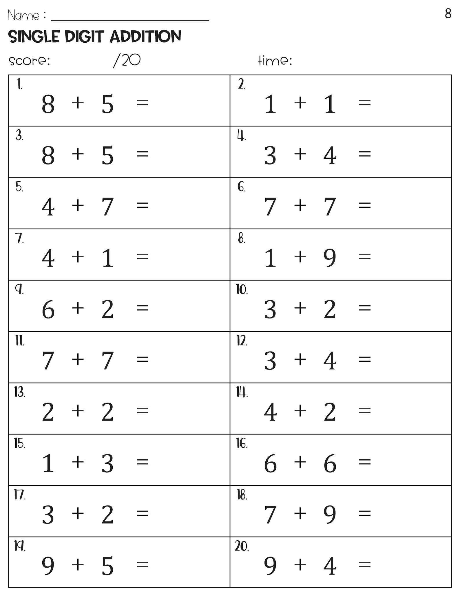 Horizontal Single Digit Addition Worksheets - Etsy