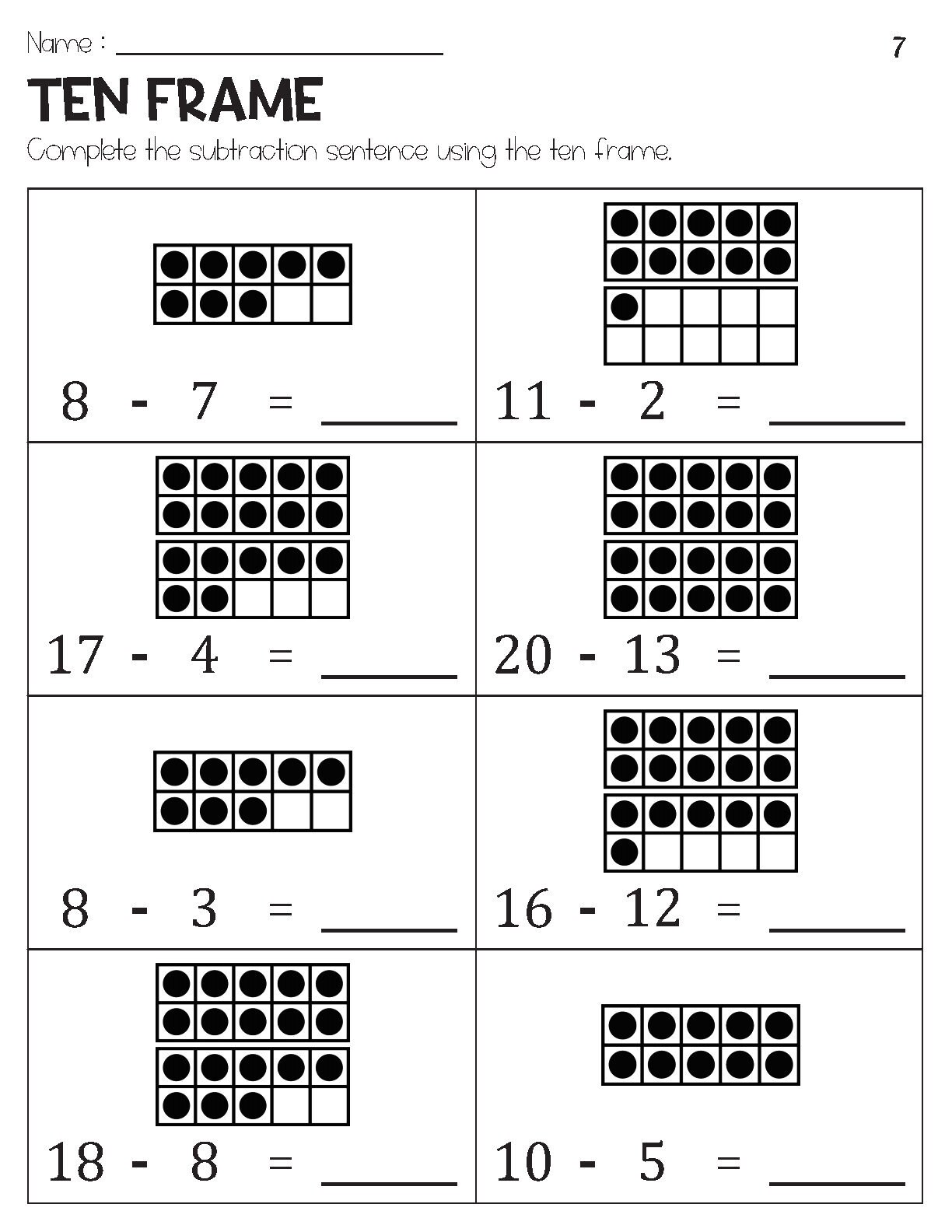 Subtraction Within 20 With Ten Frame Pictures Worksheets - Etsy