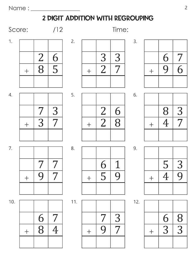 2 Digit Addition With Regrouping Worksheets - Etsy