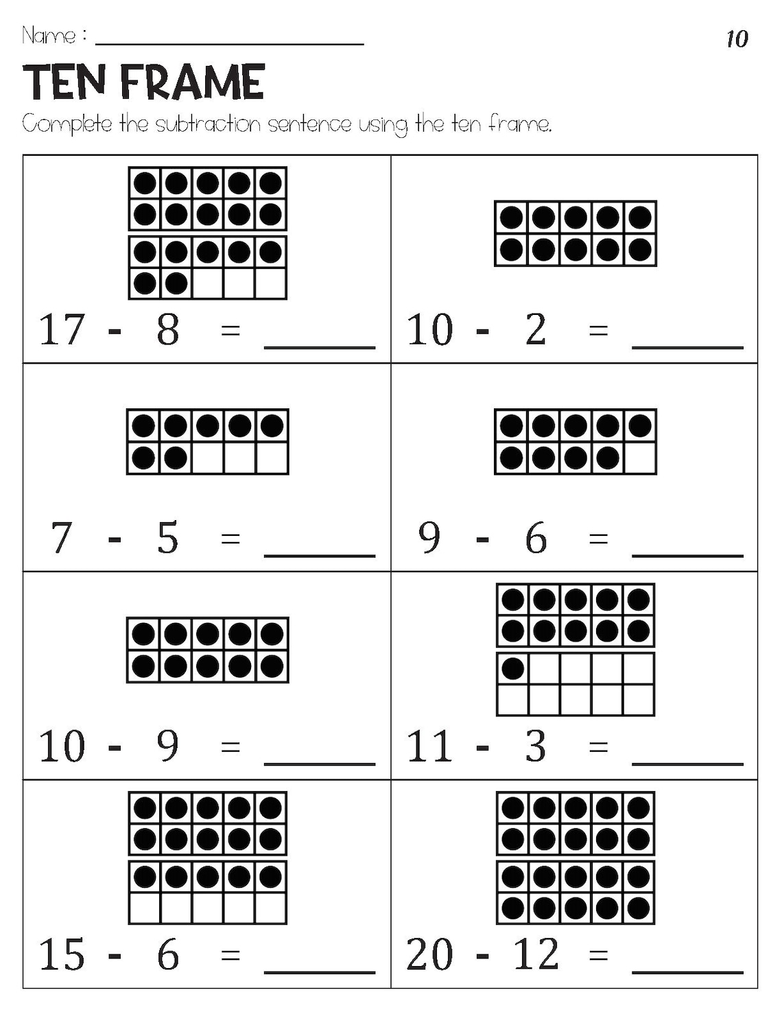 Subtraction Within 20 With Ten Frame Pictures Worksheets - Etsy