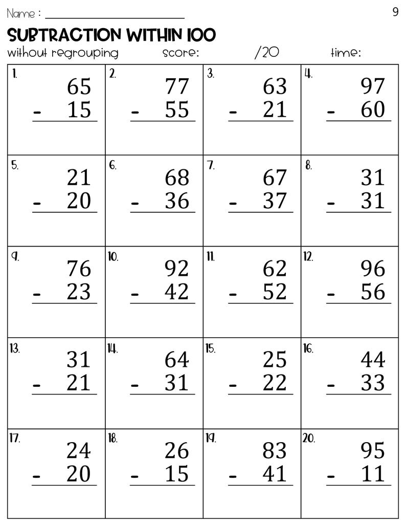 Subtraction Within 100 Without Regrouping Worksheets - Etsy
