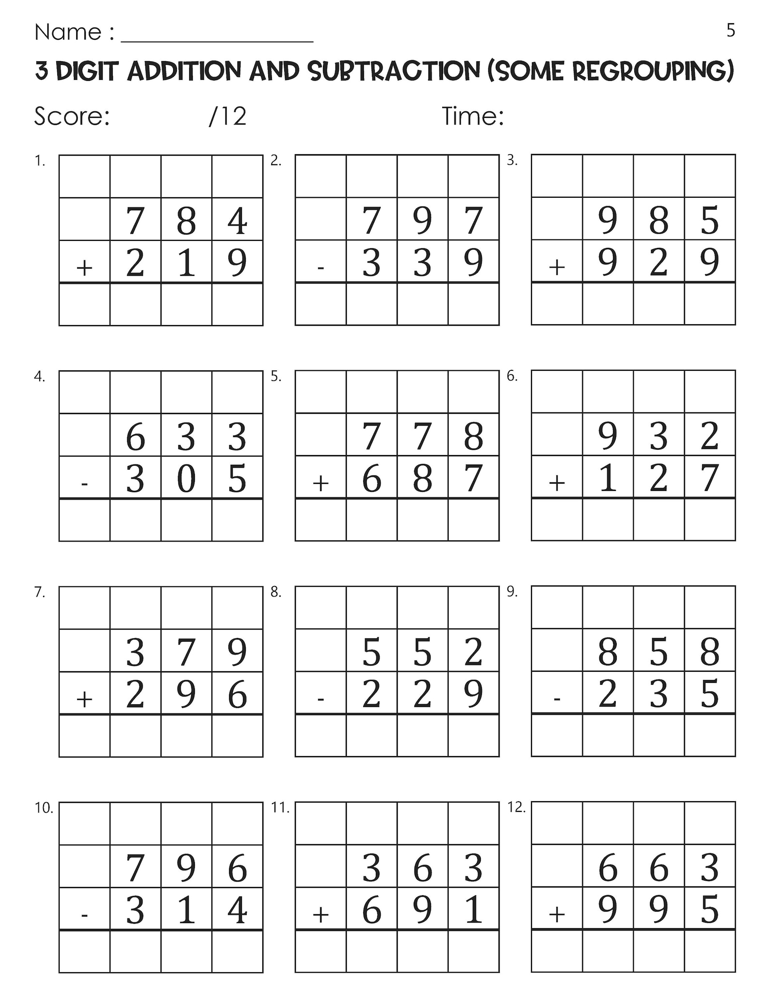 Three Digit Mixed Addition and Subtraction Some Regrouping With Grid ...