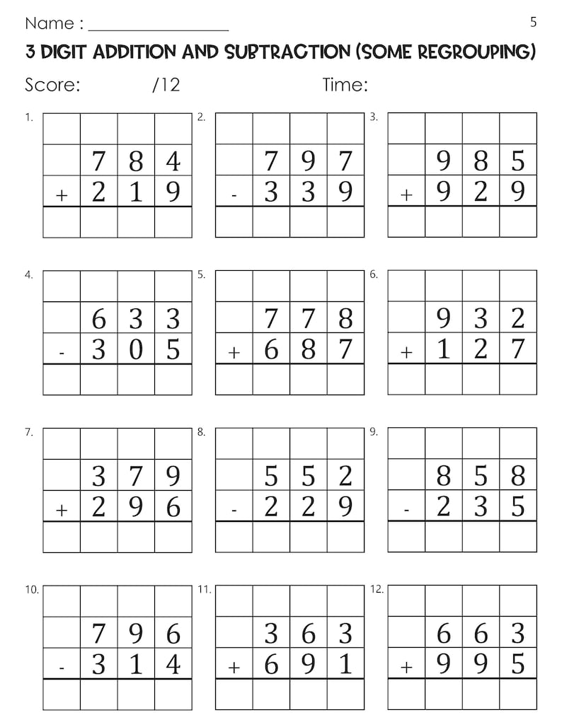Three Digit Mixed Addition and Subtraction Some Regrouping With Grid ...