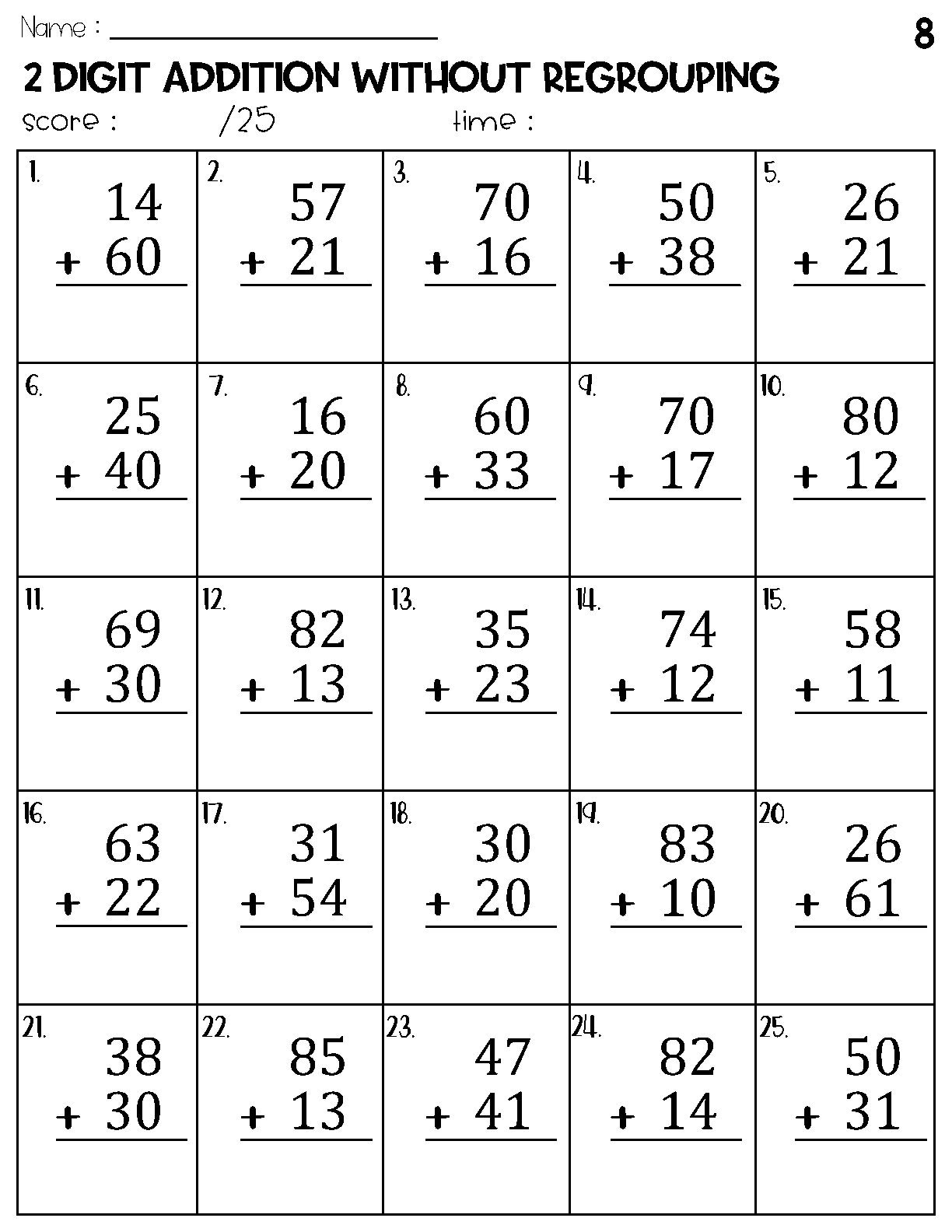 Two Digit Addition Without Regrouping Worksheets Etsy