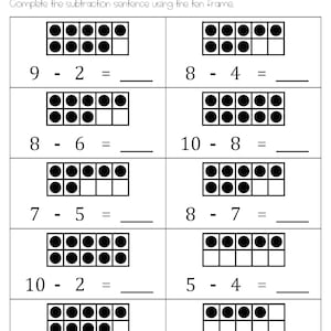 Subtraction Within 10 With Ten Frame Pictures Worksheets - Etsy