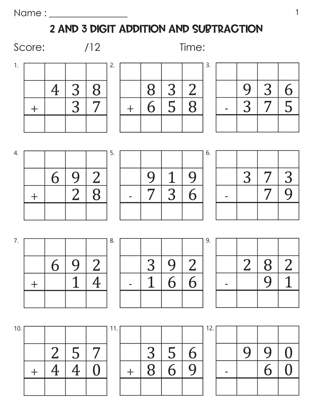 100 Two and Three Digit Mixed Addition and Subtraction With Grid ...