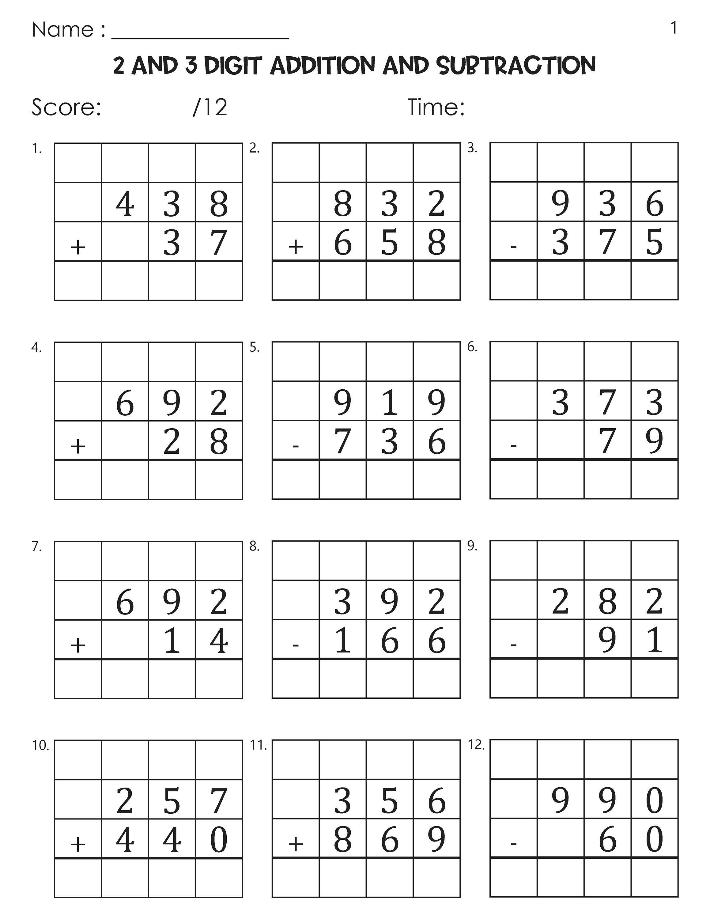 100 Two and Three Digit Mixed Addition and Subtraction With Grid ...