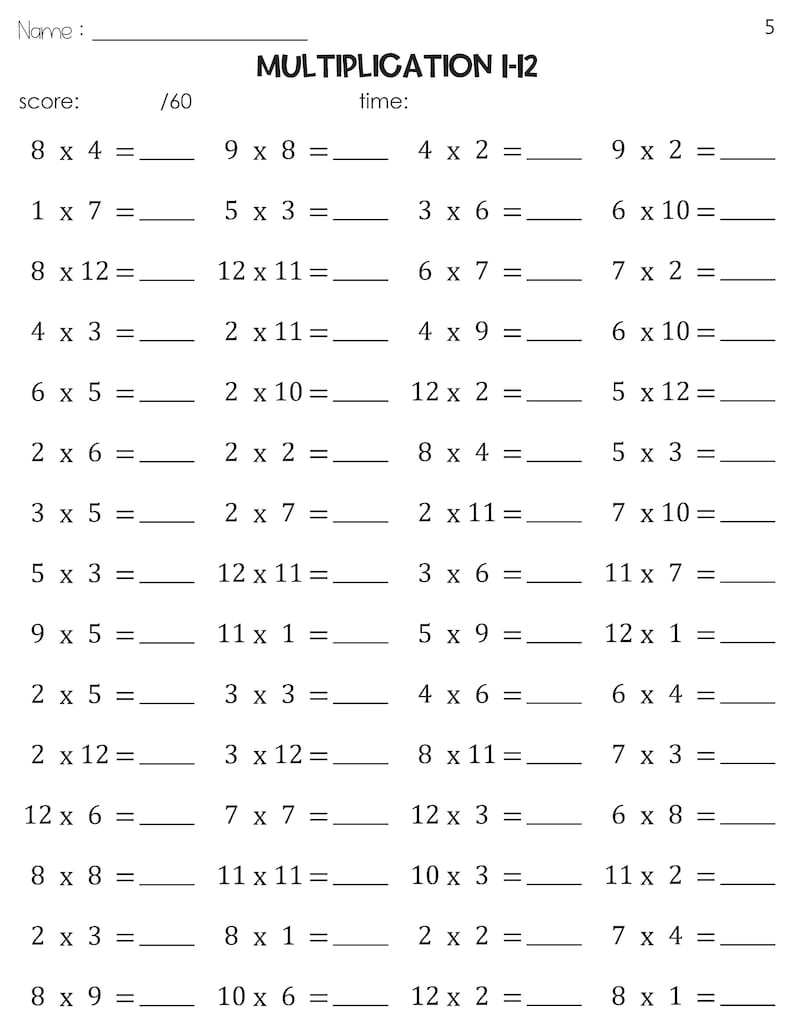 Multiplication 1-12 Math Timed Tests Speed Drills Worksheets - Etsy