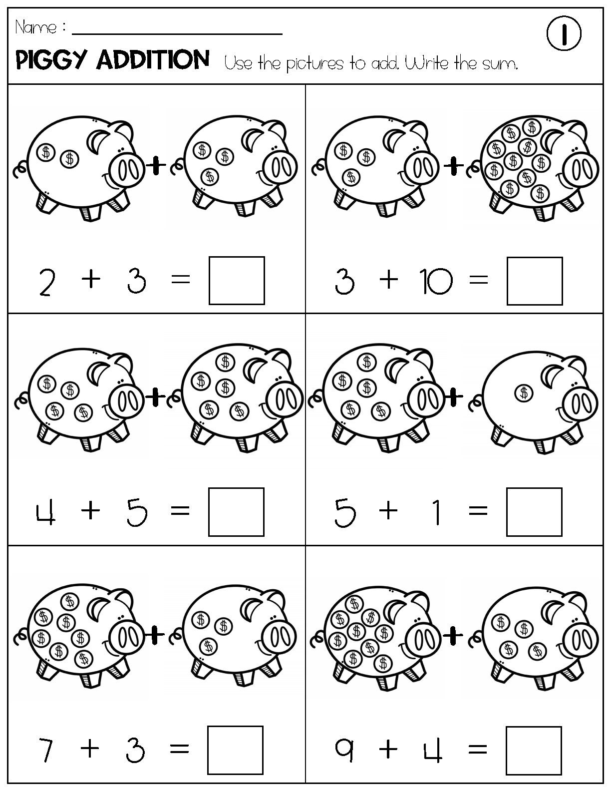 Addition With Pictures Sum up to 20 Worksheets - Adding Piggy Pictures ...