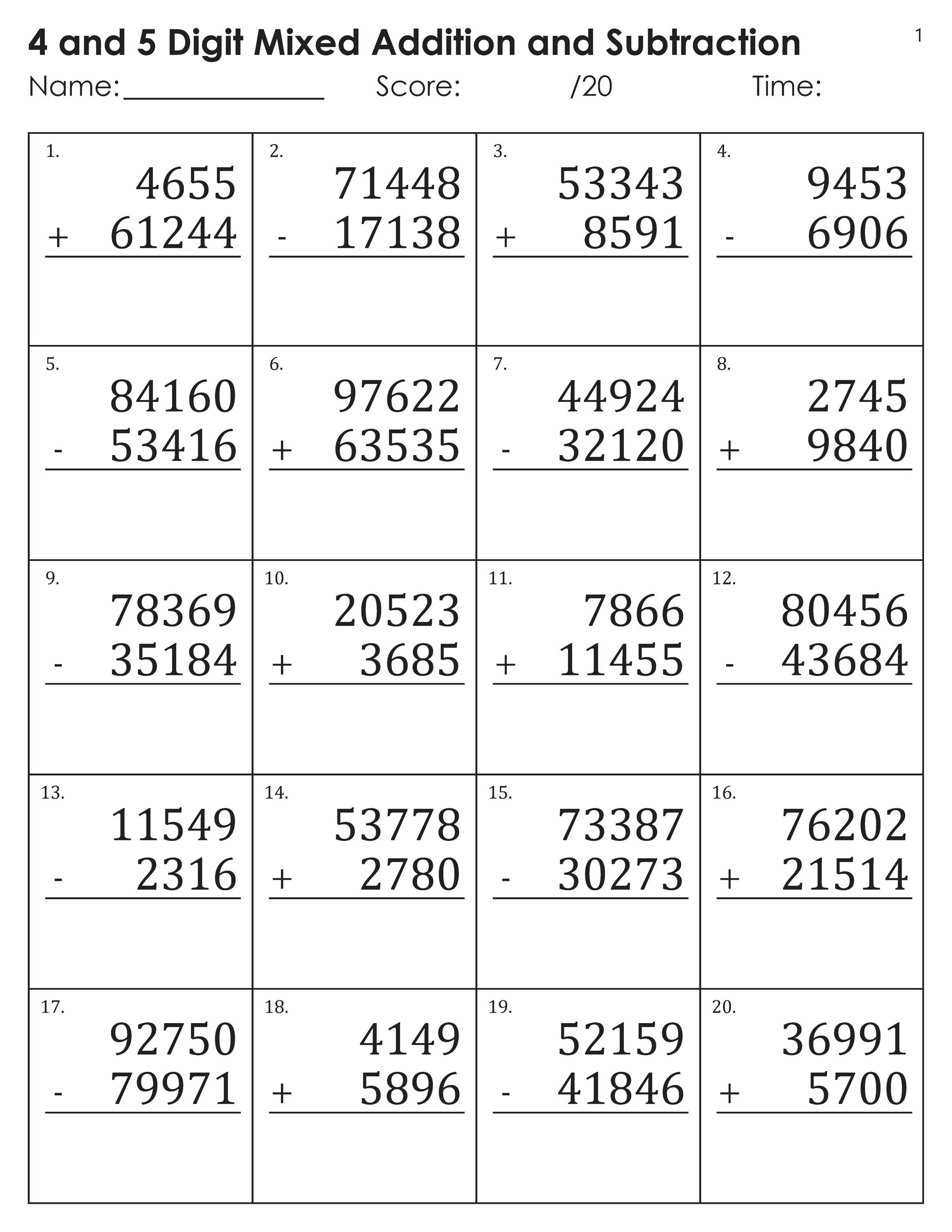 4 and 5 Digit Mixed Addition and Subtraction With Some Regrouping ...