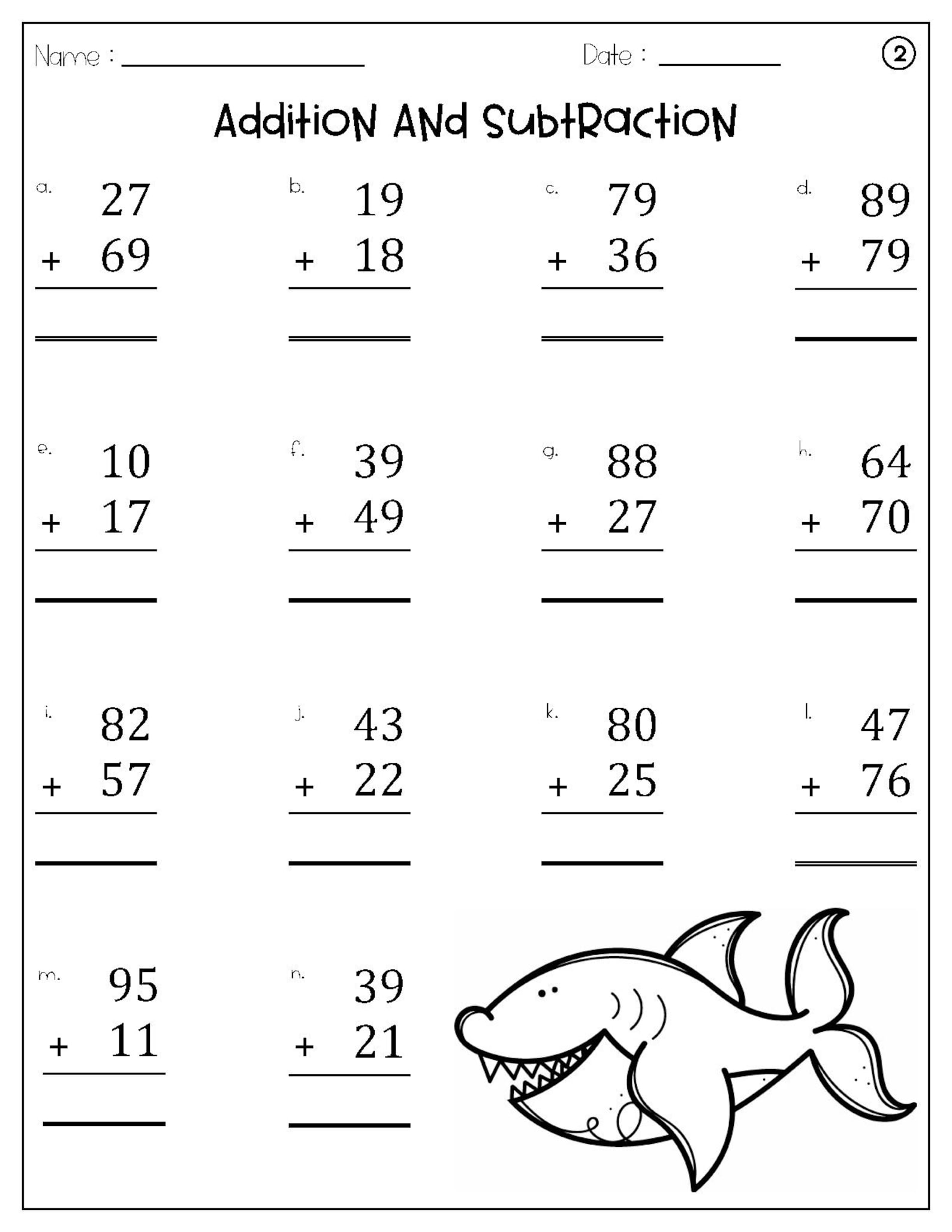 2 Digit Addition and Subtraction Worksheets - Set2 Ocean Theme Math ...