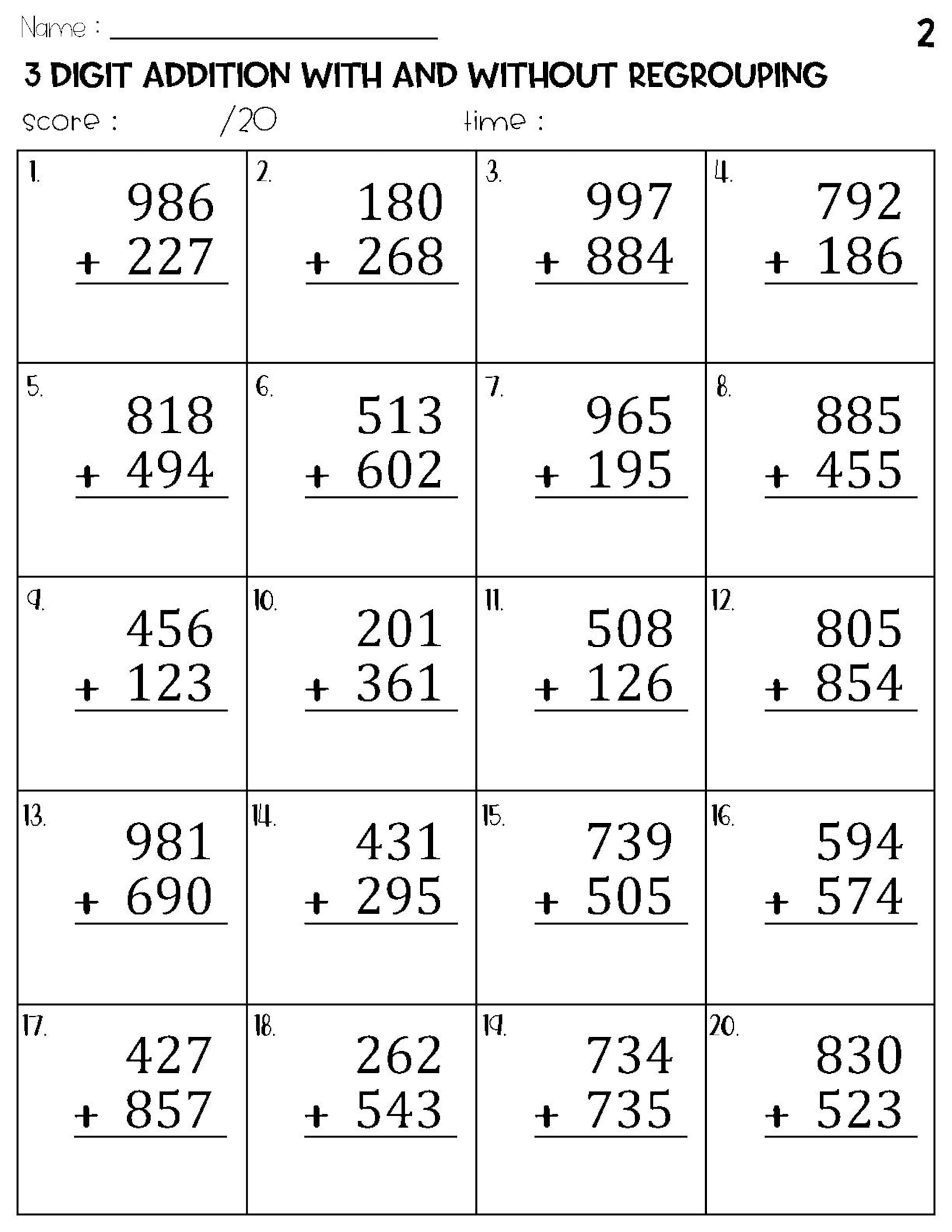 Three Digit Addition With and Without Regrouping Worksheets - Etsy