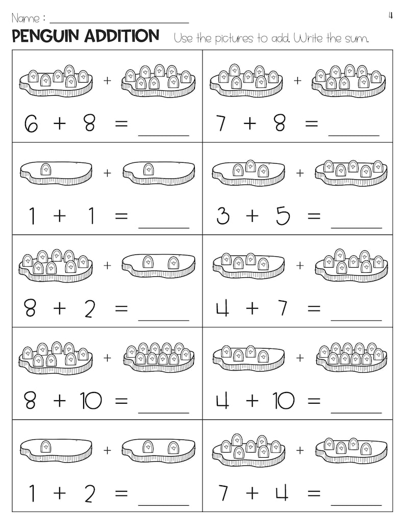 Addition With Pictures to 20 Worksheets - Adding Penguin - Etsy