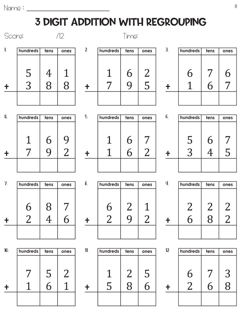 3 Digit Addition With Regrouping With Place Value Chart Worksheets - Etsy