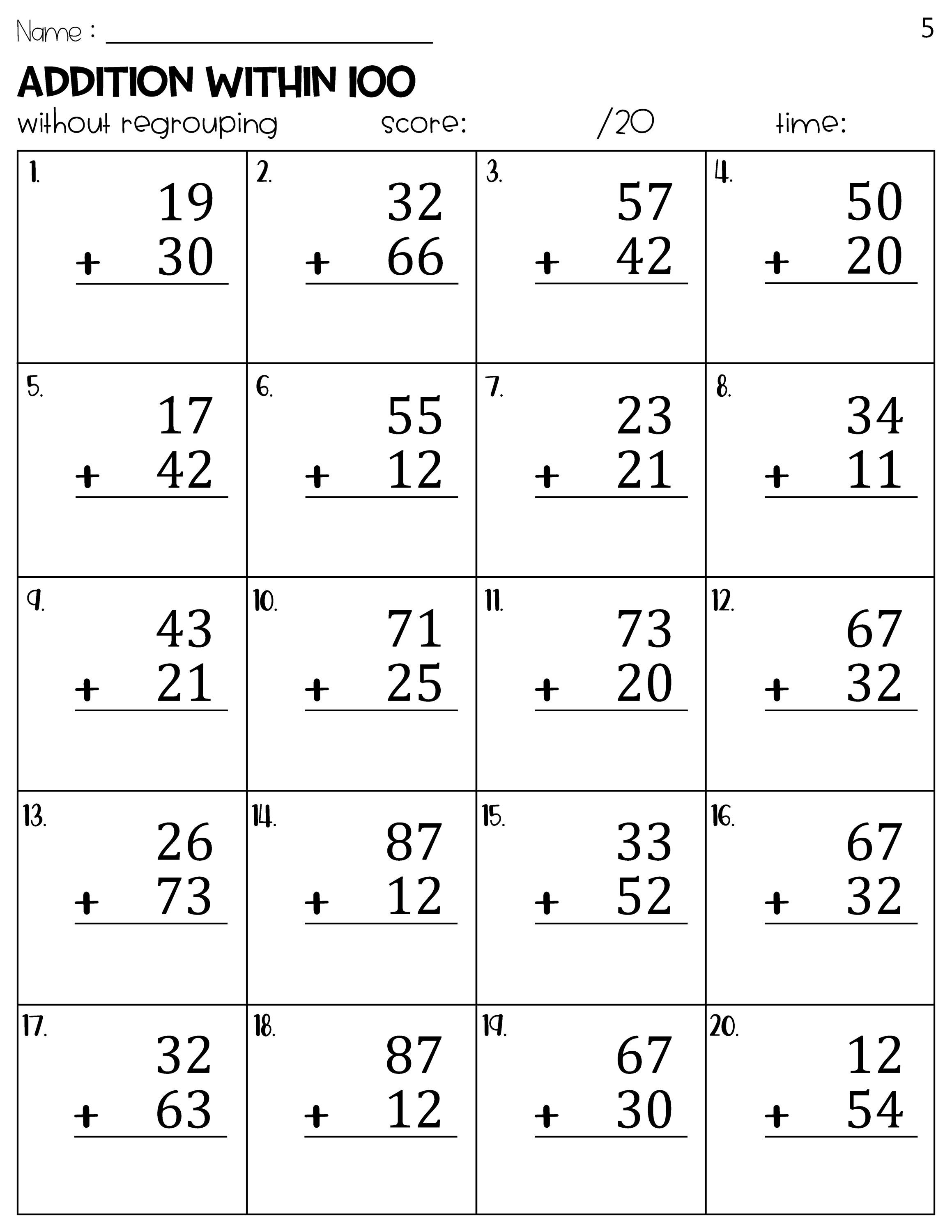 Addition Within 100 Without Regrouping Worksheets - Etsy