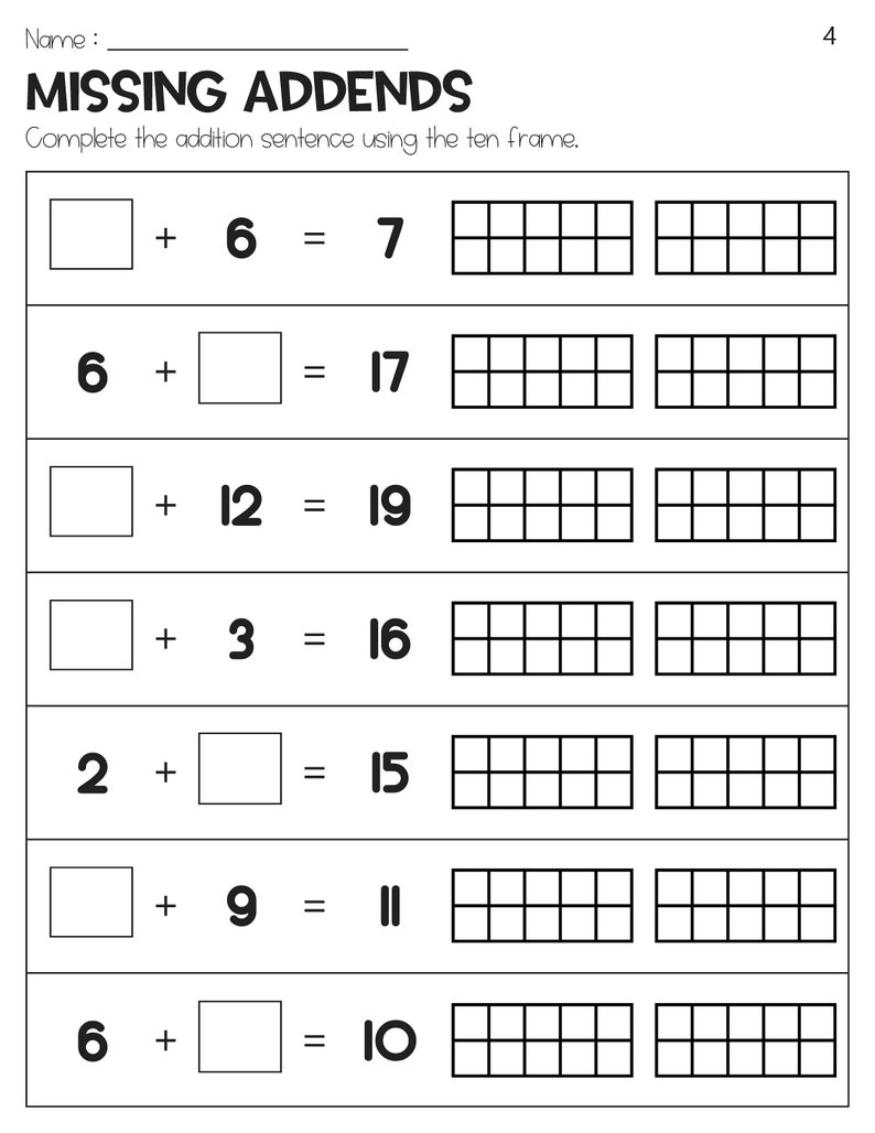 Missing Addends to 20 With Ten Frame Worksheets - Etsy
