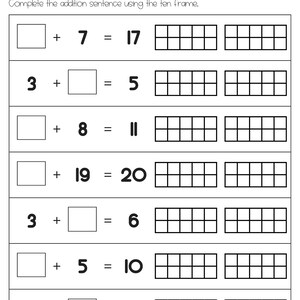 Missing Addends to 20 With Ten Frame Worksheets - Etsy