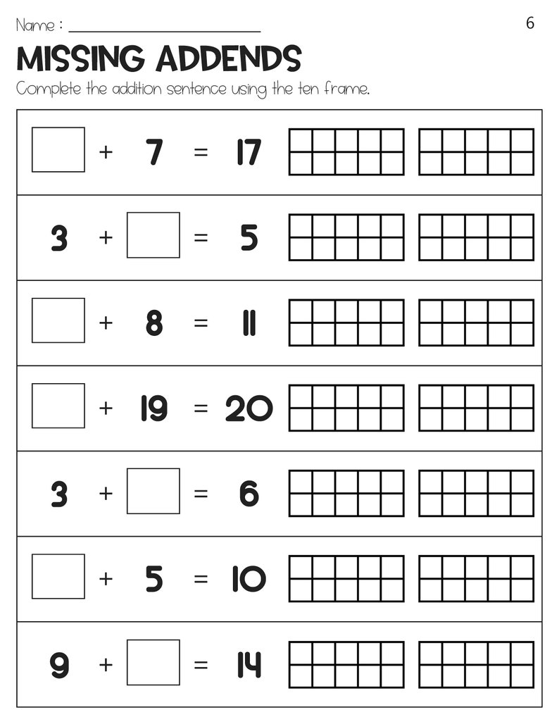 Missing Addends to 20 With Ten Frame Worksheets - Etsy