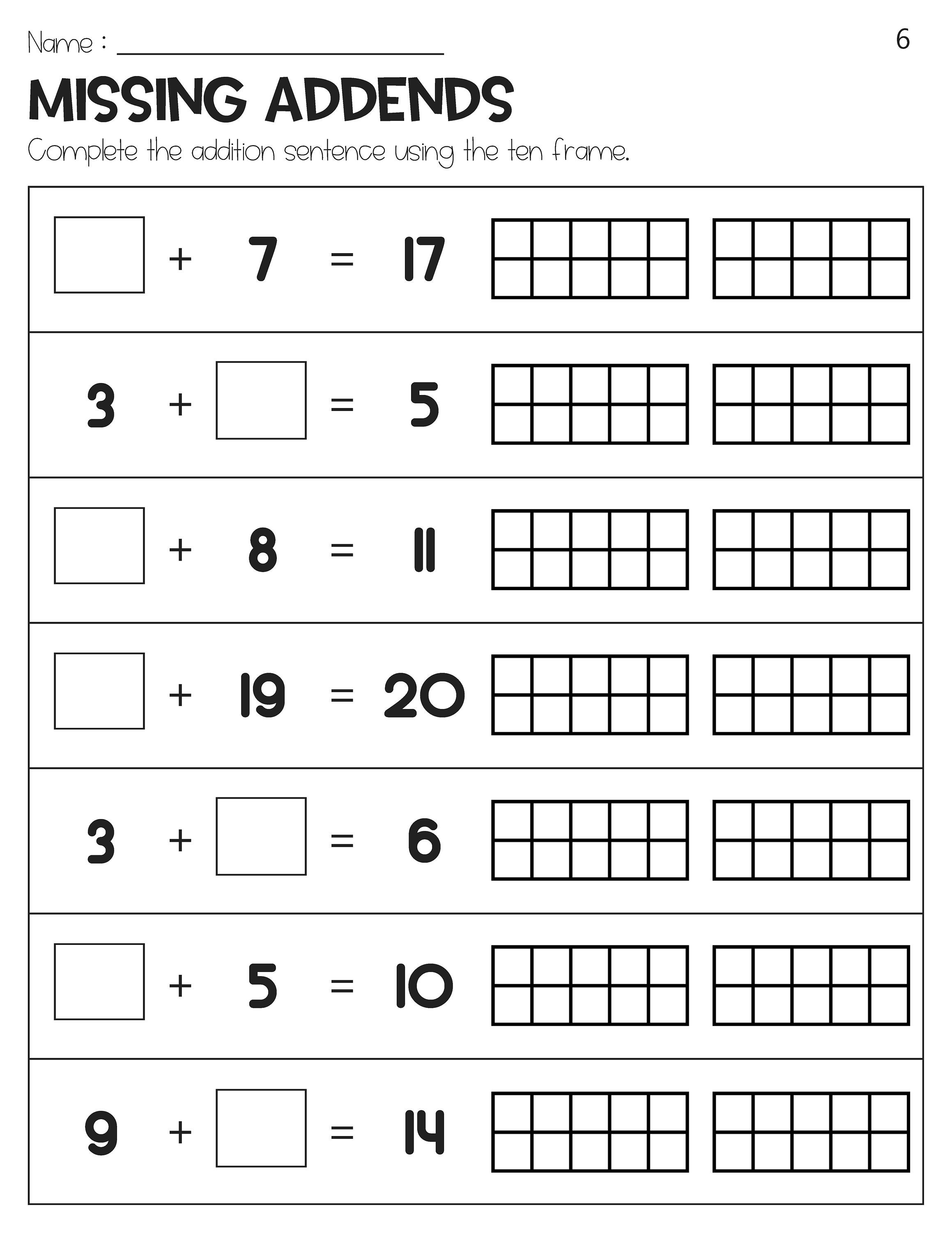 Missing Addends to 20 With Ten Frame Worksheets - Etsy
