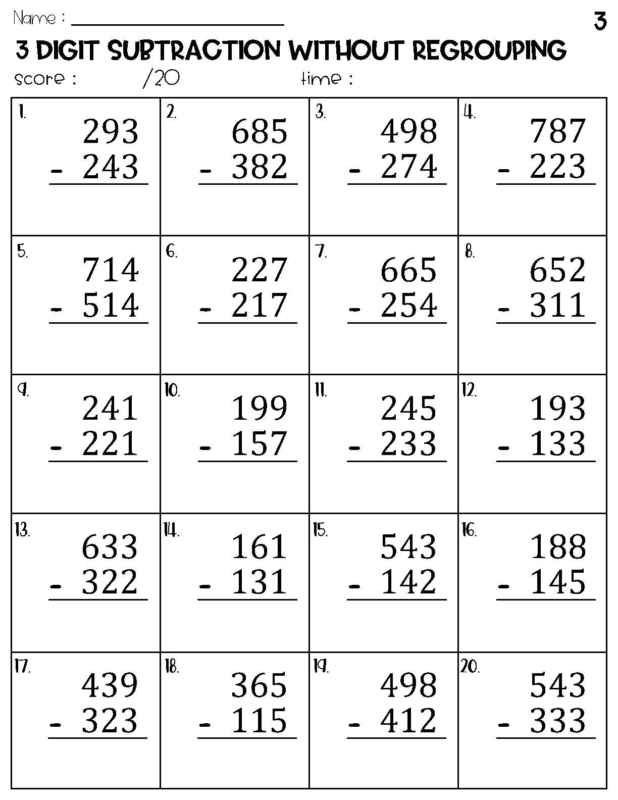 Three Digit Subtraction Without Regrouping Worksheets - Etsy Canada