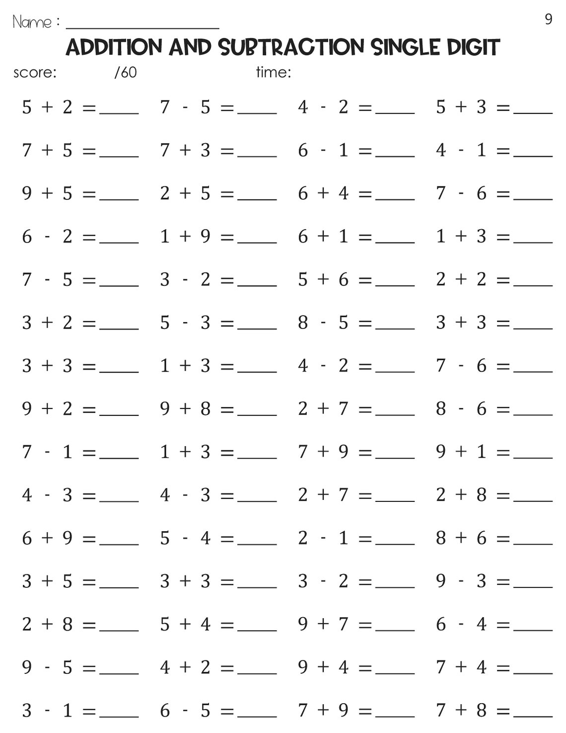 Addition and Subtraction Single Digit Math Timed Tests Speed Drills ...