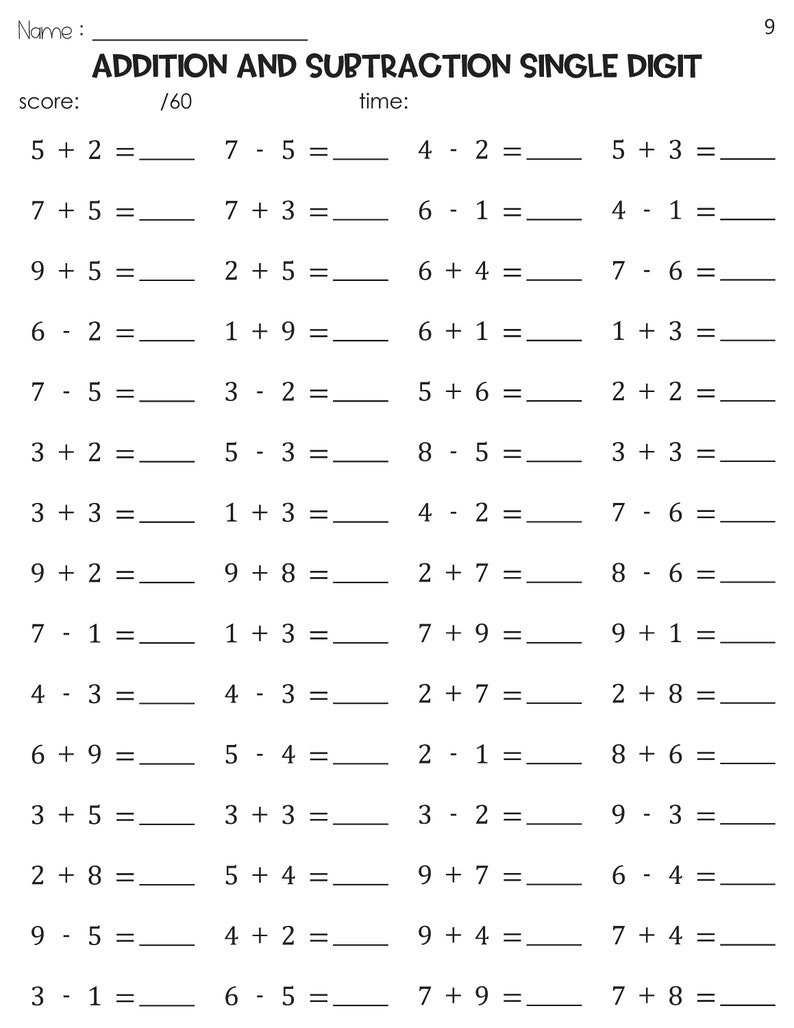 Addition and Subtraction Single Digit Math Timed Tests Speed Drills ...