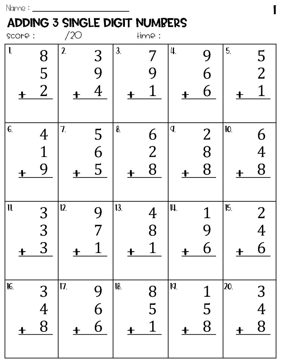 Adding 3 Single Digit Numbers Worksheets - Math Timed Test Addition - Etsy
