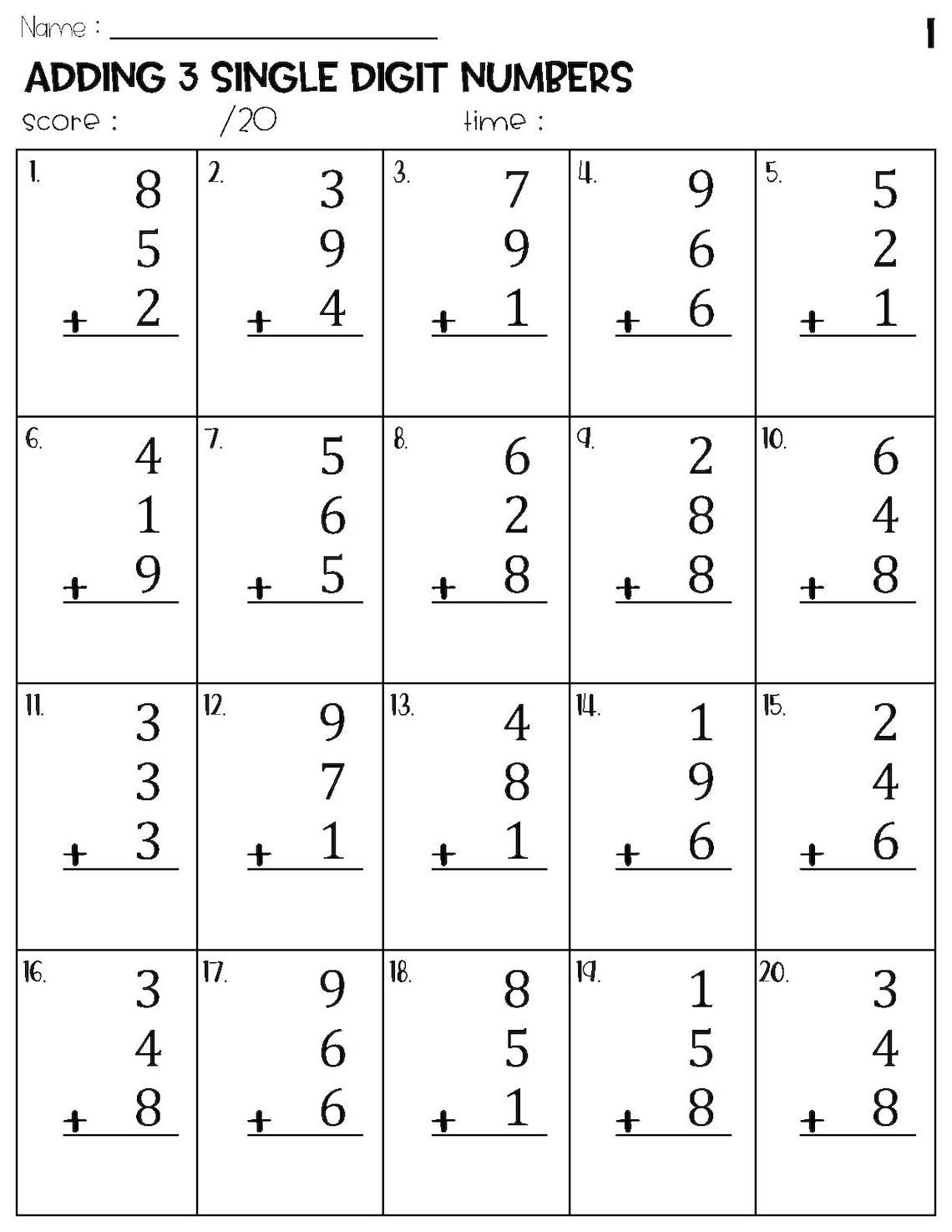 Adding 3 Single Digit Numbers Worksheets - Math Timed Test Addition - Etsy