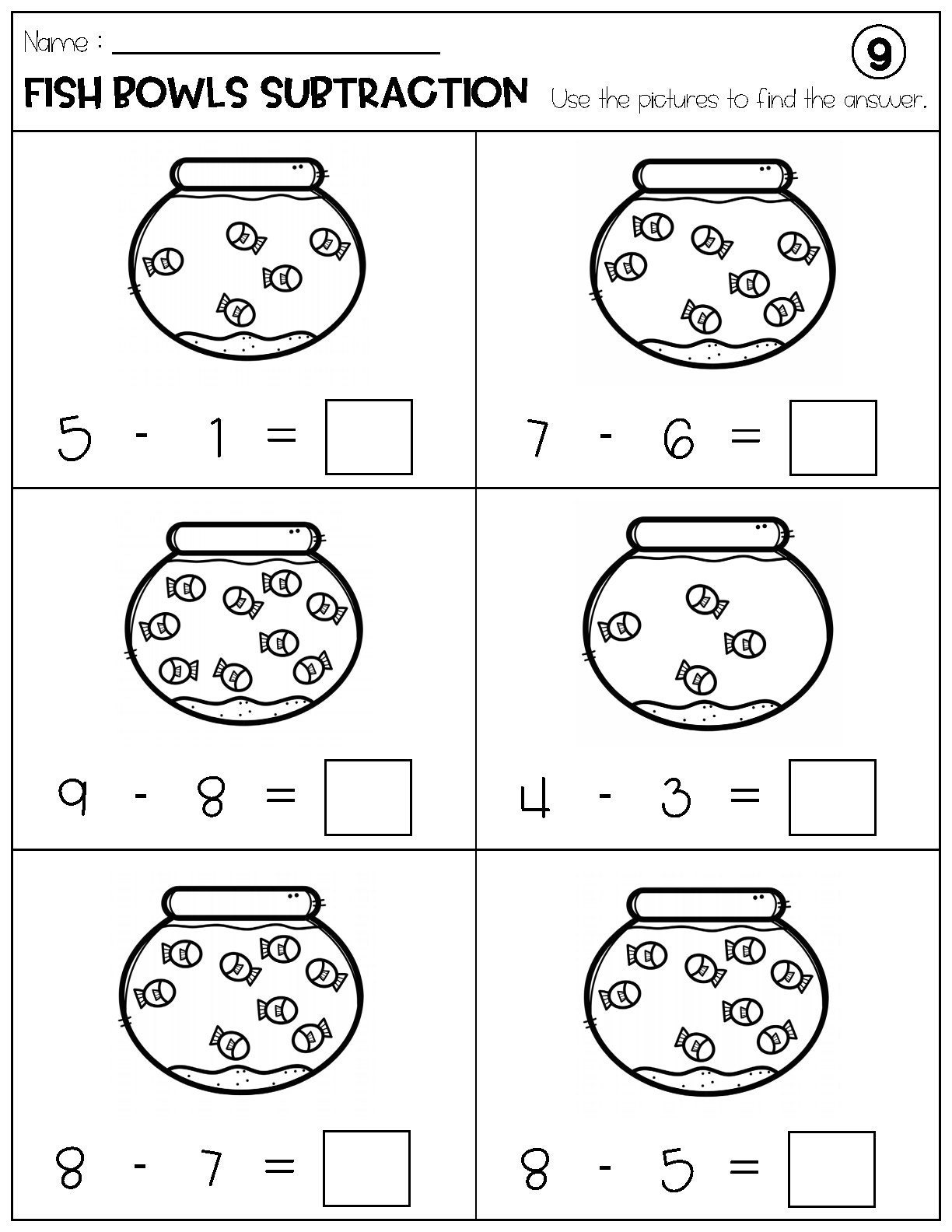 Subtraction With Pictures Within 10 Worksheets - Subtracting Fish Bowls ...