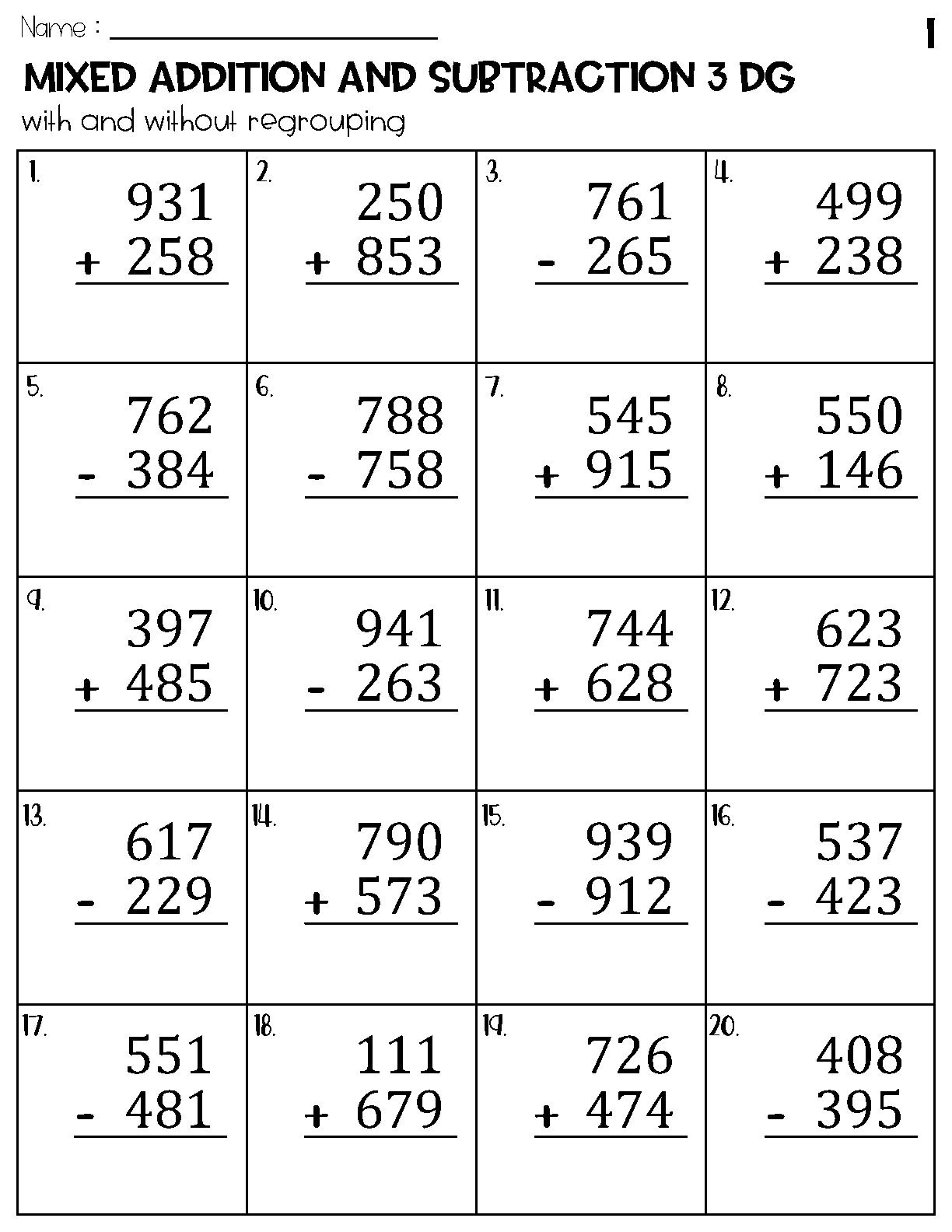 Three Digit Mixed Addition and Subtraction With and Without Regrouping ...